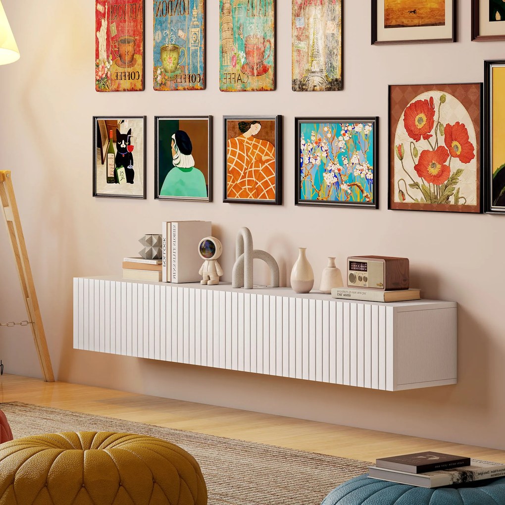HOMCOM závěsný televizní nábytek 140 cm, TV lowboard pro televize až 182,9 cm, 2 výklopné dveře, 140x25x22 cm, bílá
