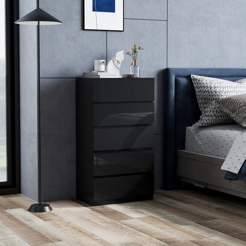 HOMCOM Komoda s 5 šuplíky Moderní komoda s protisrážecí konstrukcí pro obývací pokoj a chodbu 55x34x100 cm Černý lesk