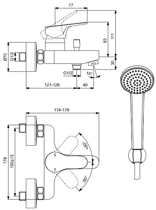 Ideal Standard Cerabase - Vanová baterie nástěnná se sprchovým setem, chrom BD600AA