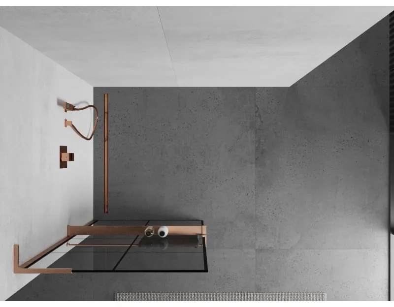Mexen Kioto+ L, sprchová zástěna Walk-In s poličkou a věšákem 80 x 200 cm, 8mm čiré sklo černý vzor, měděný matný profil, 800-080-123-65-77