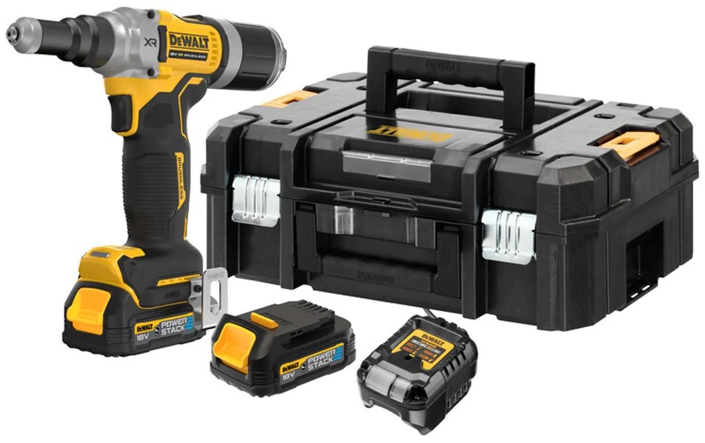 DeWALT - 18V AKU nýtovací pistole, 2x aku 1,7 Ah POWERSTACK, nabíječka DCF414E2GT