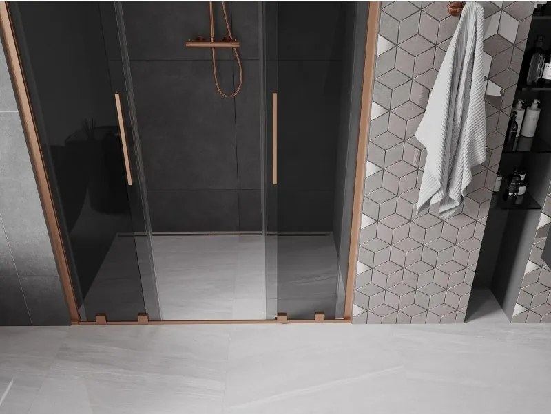 Mexen Velar L Duo, posuvné sprchové dveře do otvoru 140 cm, 8mm šedé sklo, měděná matná, 871-140-003-42-65