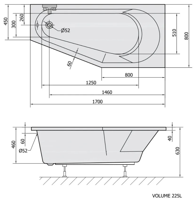 Polysan TIGRA R asymetrická vana s konstrukcí 170x80x46cm, bílá, 90711