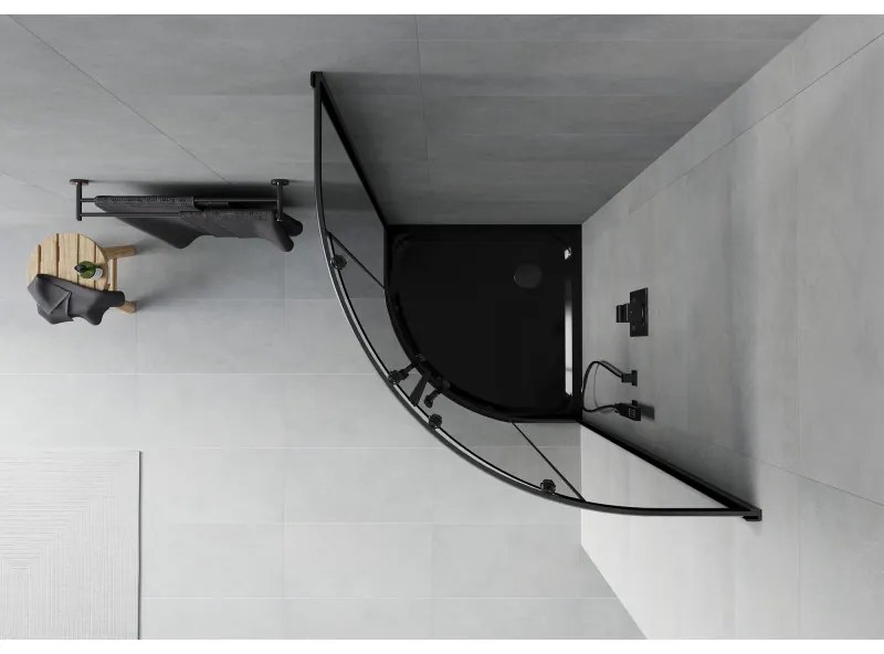 Mexen Rio, čtvrtkruhový sprchový kout s posuvnými dveřmi 90 (dveře) x 90 (dveře) x 190 cm, 5mm šedé sklo, černý profil + černá sprchová vanička Slim, 863-090-090-70-40-4170B