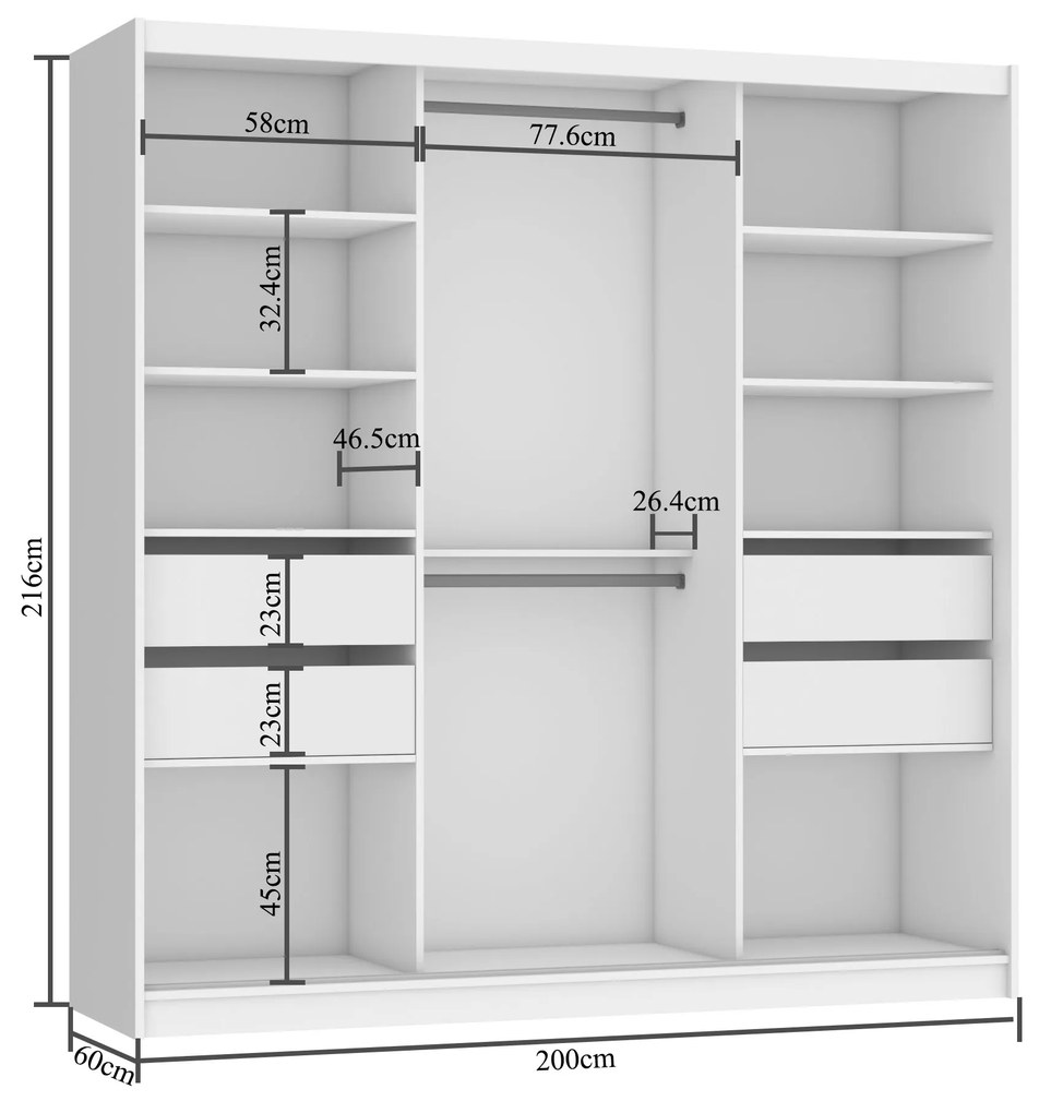 Šatní skříň 200 cm Belini bílý mat / šedý mat s posuvnými dveřmi zrcadlem a zásuvkami  MT SZP5/1/W/SR/0/KLAL