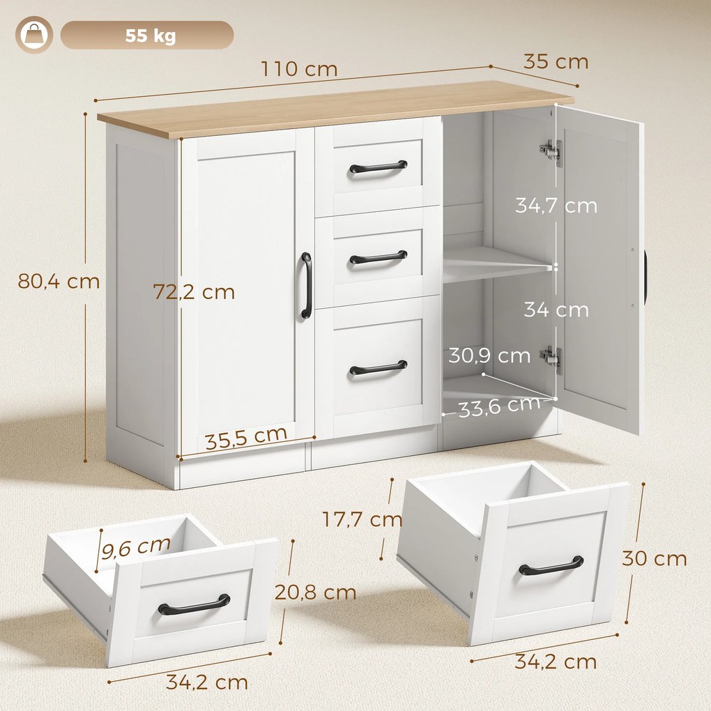 HOMCOM Komoda do obývacího pokoje, úložný nábytek se 2 dvířky s tichým dovíráním a 3 zásuvkami, 110x35x80,4 cm, bílá a přírodní dřevo