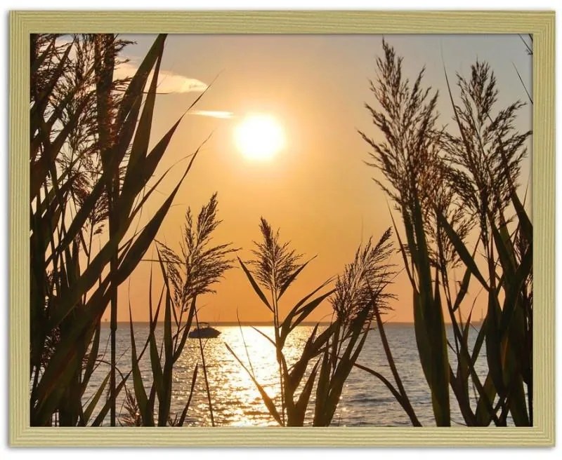CARO Obraz v rámu - The Setting Sun On The Lake 90x60 cm Přírodní