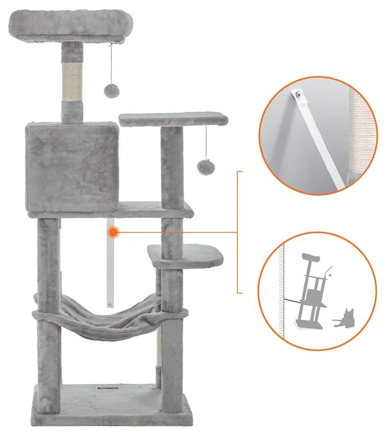 Songmics PCT161W Kočičí škrabadlo 55 x 145 x 45 cm šedé