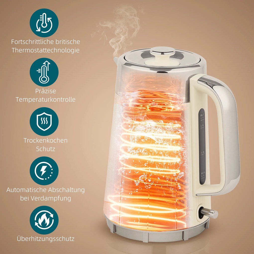 HOMCOM Varná konvice 2200 W, 1,7 l s funkcí rychlého vaření, filtr proti vodnímu kameni a toustovač na 4 plátky s 7 stupni opékání, krémová