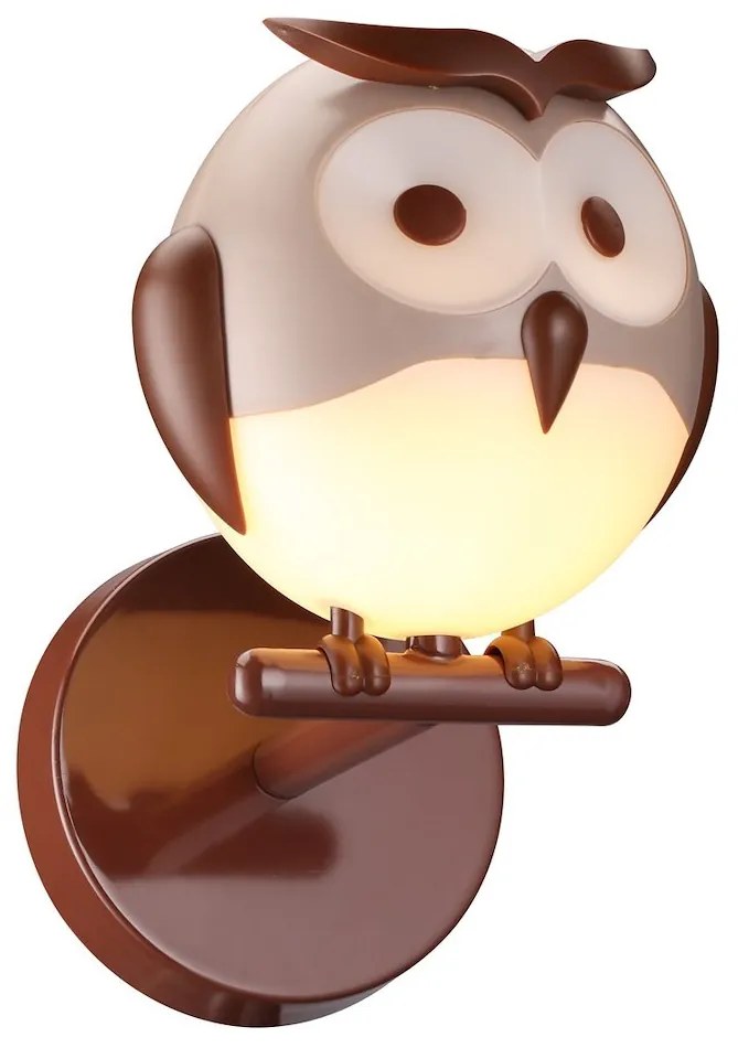 Dětské nástěnné svítidlo Owl, 1x hnědé plastové stínítko, br