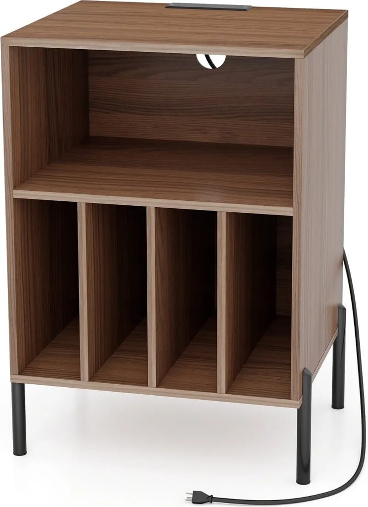 Costway Stolek na gramofon s nabíjením a přihrádkami, hnědý