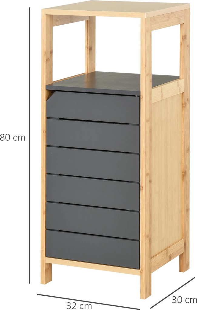 HOMCOM koupelnová skříňka, víceúčelová skříňka, 3 patra, nastavitelná, MDF + bambus, šedá, 32x30x80 cm