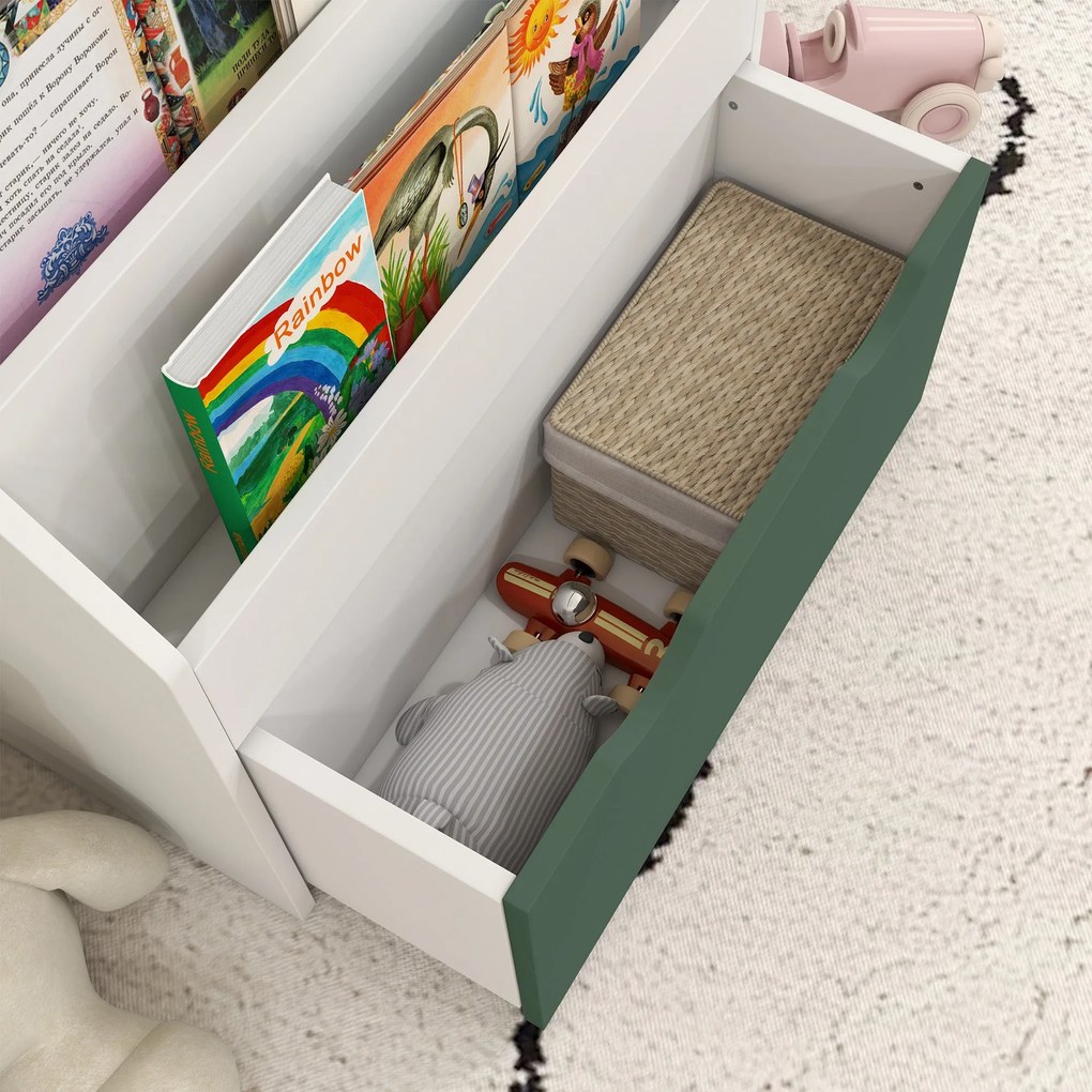 Dětská knihovnička AIYAPLAY s hračkami a úložným prostory, víceúrovňová s 3 policemi a šuplíkem, 62,5L x 30Š x 70V cm, Zelená | Aosom