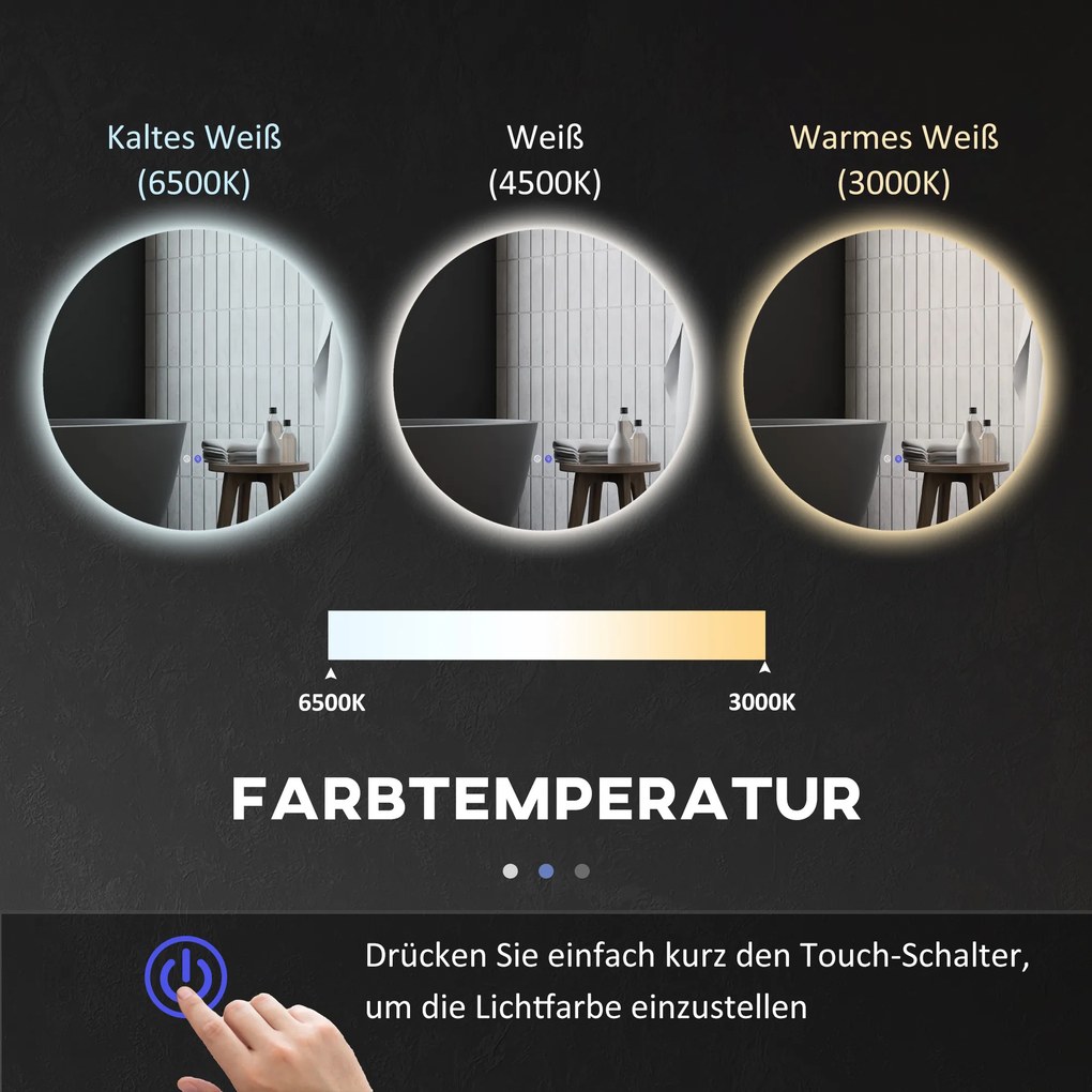 Kleankin kulaté LED nástěnné zrcátko, dotykový spínač, měnící barvu 3000K-6500K, proti mlze, ø 70 cm, bílá/stříbrná