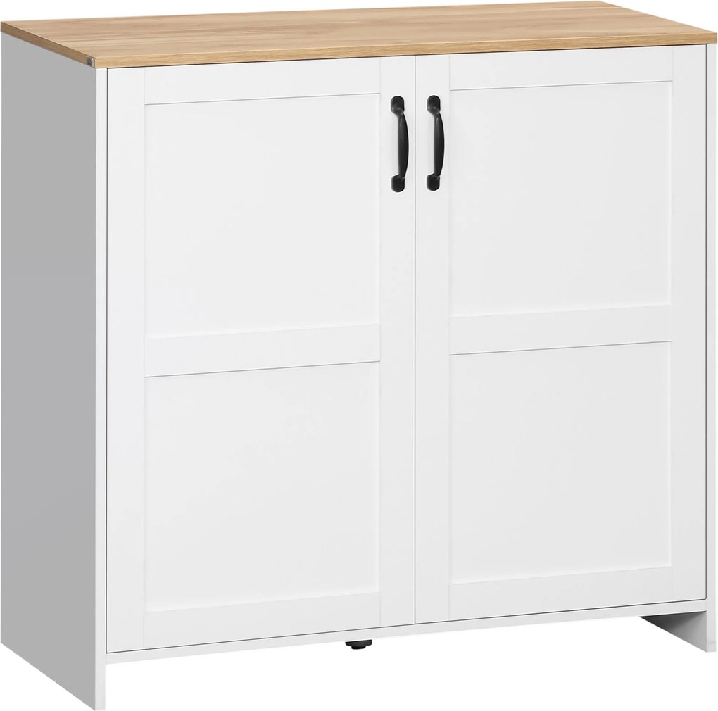 HOMCOM Kuchyňský Úložný Skříňový Kredenc s 2 Dveřmi a 2 Nastavitelnými Policemi - Bílý a Dřevo Vzhled - 90 x 39,5 x 88 cm