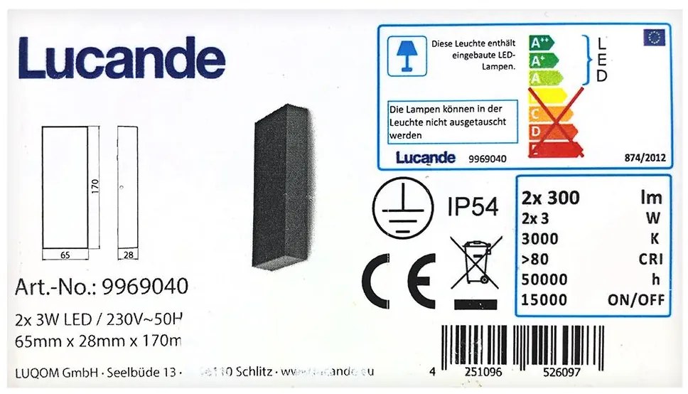 Lucande | Lucande - LED Venkovní nástěnné svítidlo CORDA 2xLED/3W/230V IP54 | LW0264