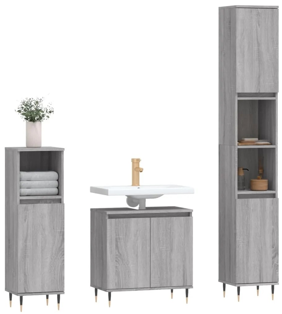 3dílný set koupelnového nábytku šedý sonoma kompozitní dřevo,  3190273