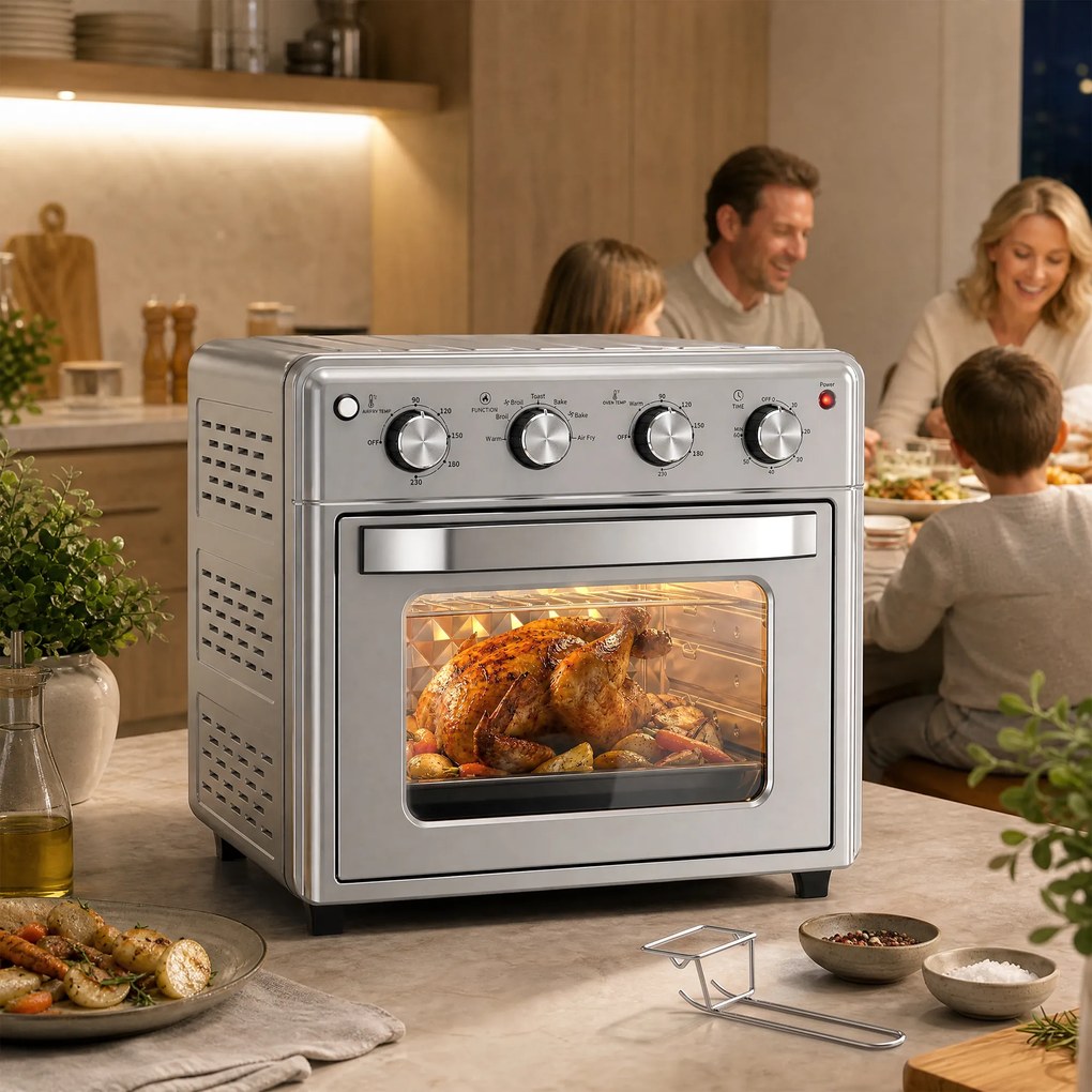 HOMCOM elektrická stolní trouba 30 L 1600 W horkovzdušná fritéza se 7 režimy ohřevu a časovačem 43x39x39 cm stříbrná
