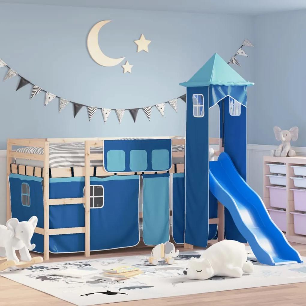 Dětská patrová postel s věží modrá 90 x 190 cm masivní borovice,  3207082