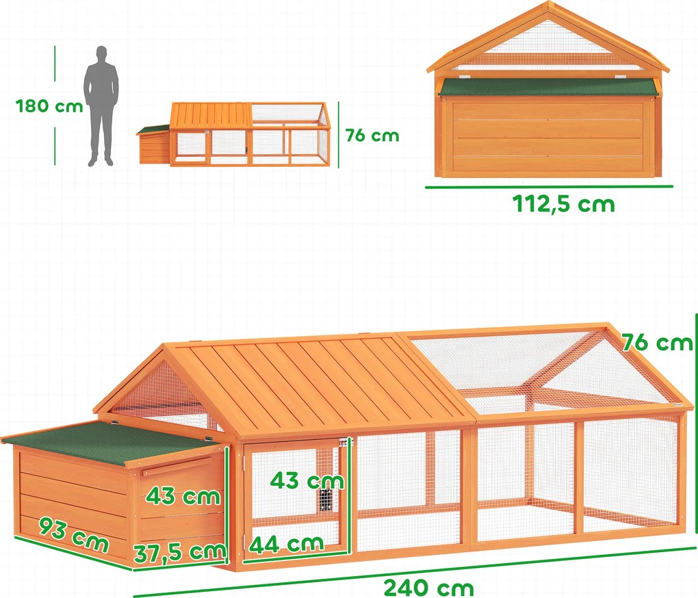 PawHut Venkovní kurník 240x112,5x76 cm Dřevěný kurník s otevírací střechou, uzamykatelnými dveřmi a hnízdící krabicí pro kuřata, králíky a kachny