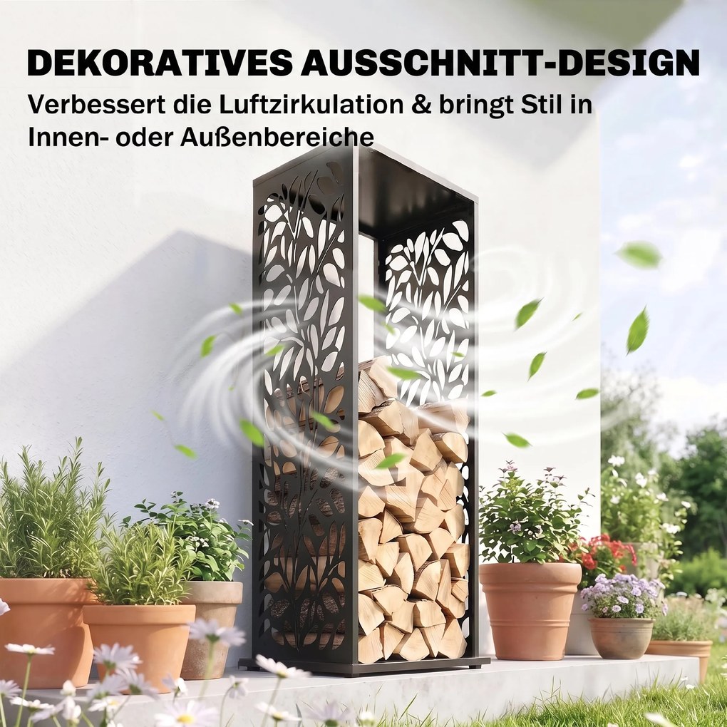 Outsunny Dřevník 38 x 112 cm, zvýšený dřevník s 4 háčky, dekorativní výřezy, nosnost až 100 kg, ocel