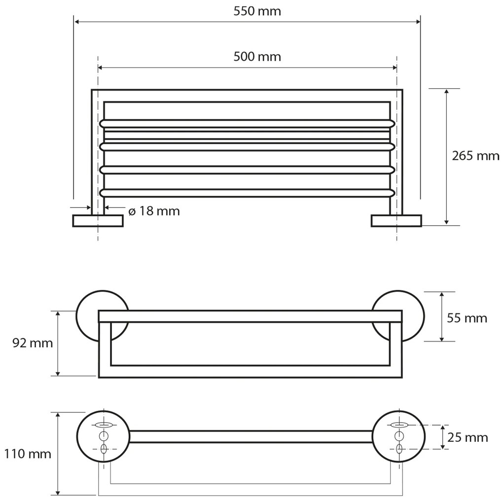 Sapho X-ROUND BLACK polička na ručníky s hrazdou 500mm, černá - XR421B