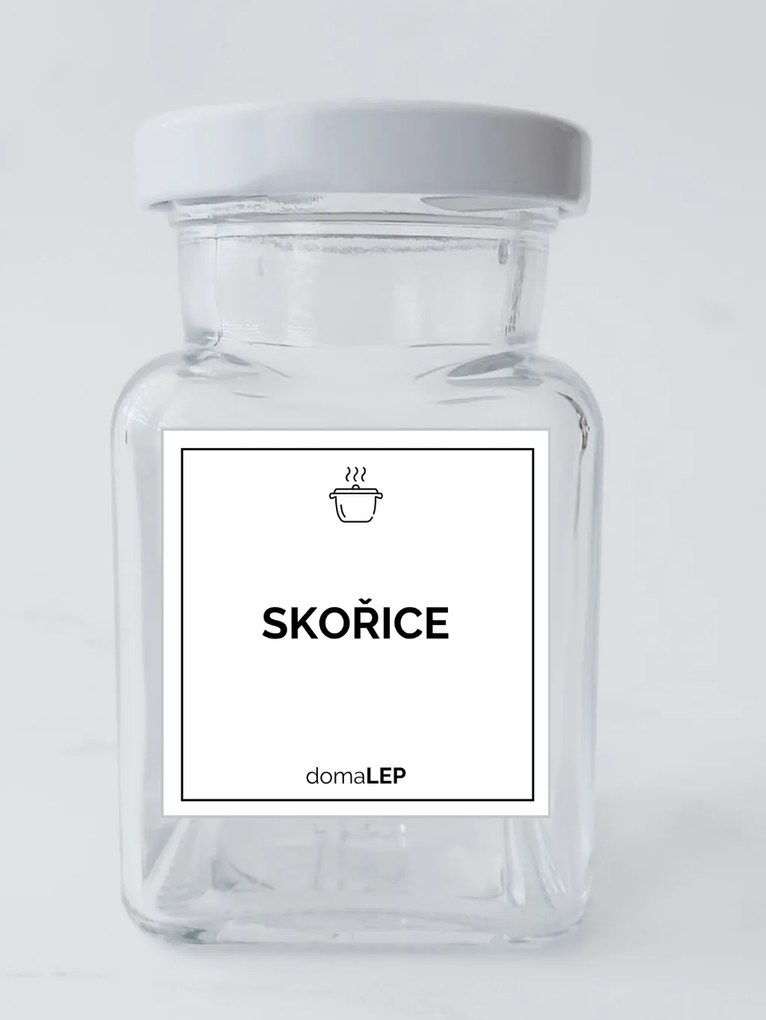 Samolepka na kořenky SKOŘICE bílá 5 × 5 cm tučné písmo