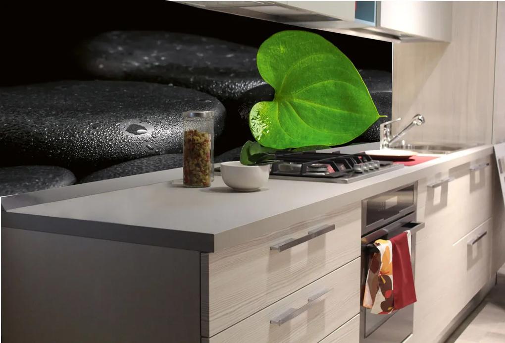 DIMEX | Fototapeta do kuchyně Zelený list KI-180-169 | 180 x 60 cm | zelená, černá, šedá