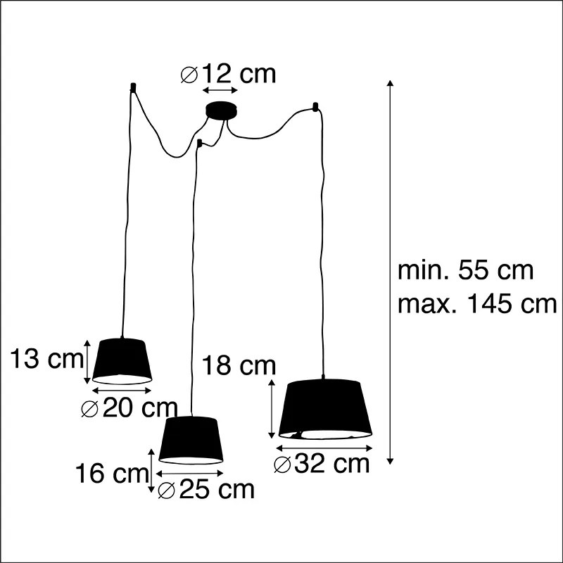Závěsné svítidlo se 3 bavlněnými stínidly černými a zlatými - Cava