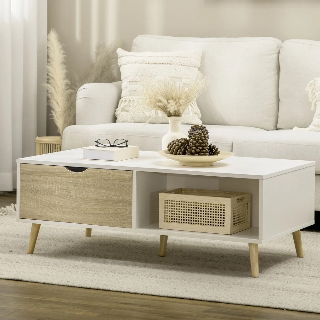HOMCOM Moderní Konferenční Stolek s 2 Zásuvkami a Otevřenými Komorami pro Kancelář, Ložnici, Vzdělávací Místnost 106x58x39,5 cm Bílý | Aosom