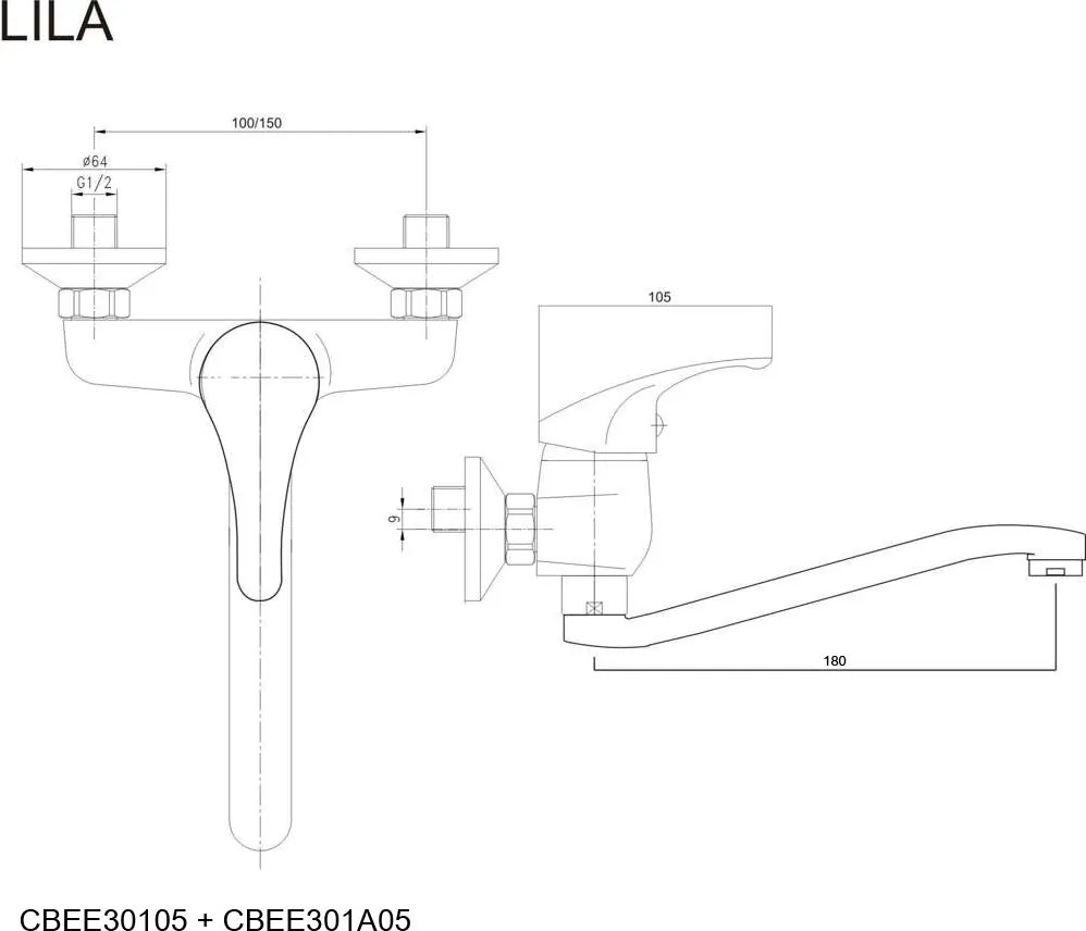 Mereo Mereo, Dřezová nástěnná baterie, Lila, s ramínkem plochým vyhnutým 180 mm, chrom, MER-CBEE301A05