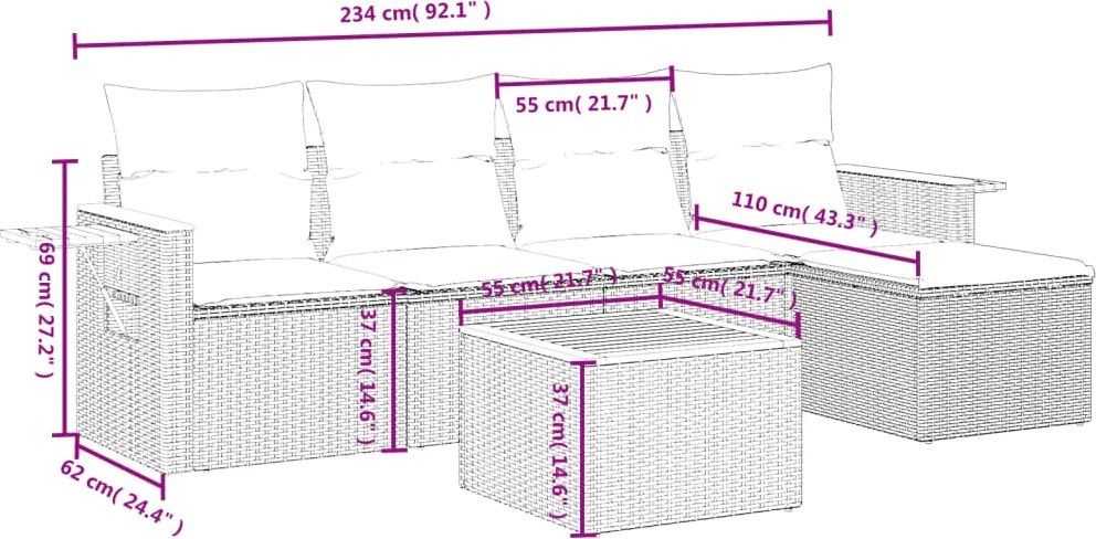 6dílná zahradní sedací souprava s poduškami béžová polyratan 3259167