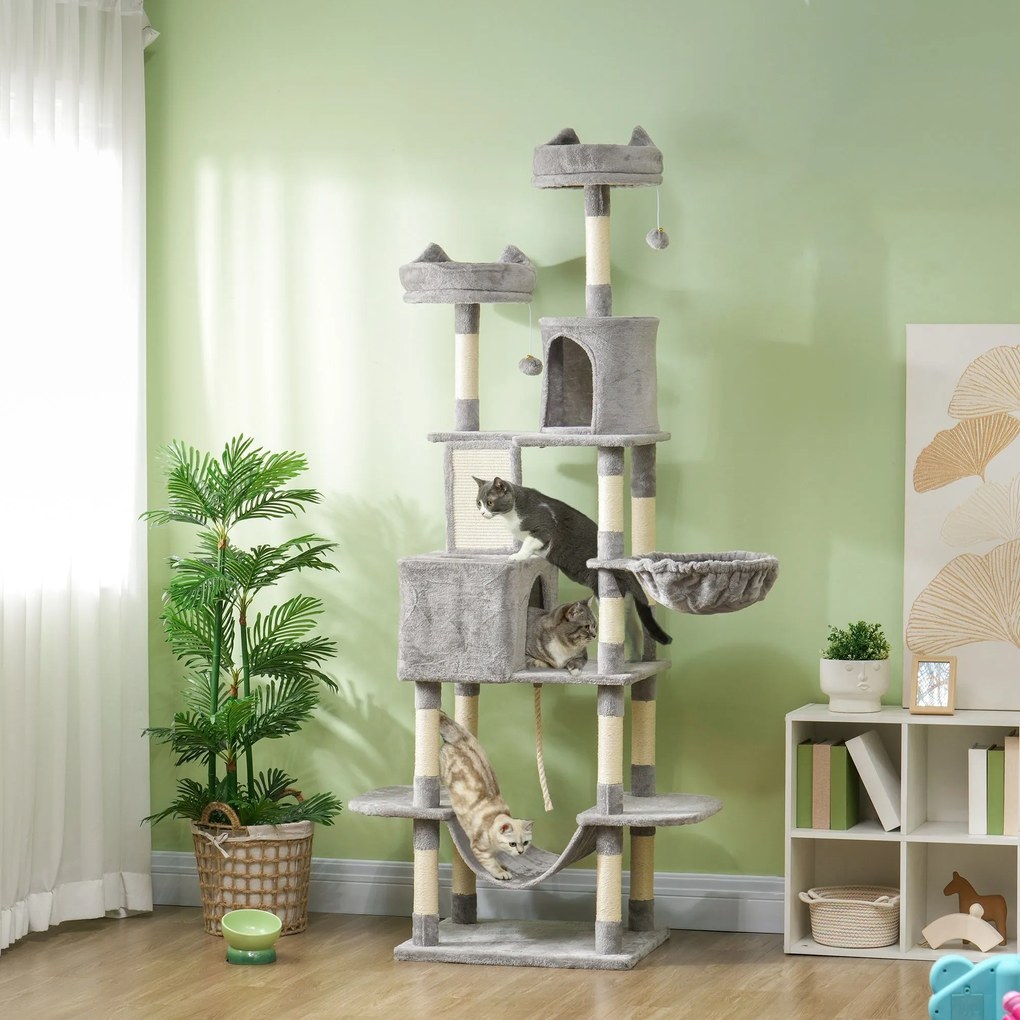 PawHut Kočičí škrabadlo Vysoké 206 cm - Strom pro kočky s plošinami, norami, visícími míčky a houpacími sítěmi, Světle šedá