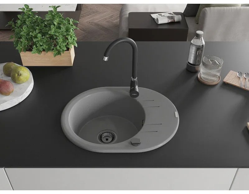 Mexen Kevin, granitový dřez 586x458x190 mm, 1-komorový, šedá s černým sifonem, 6517581005-71-B
