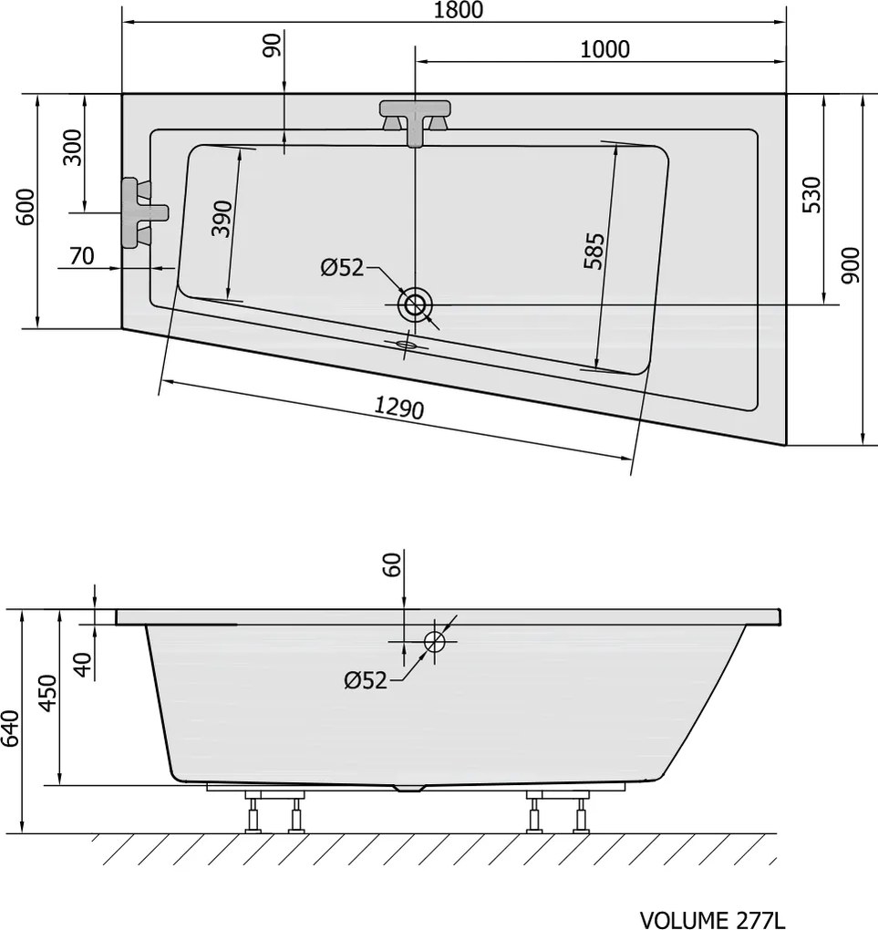 Polysan Polysan, ANDRA R asymetrická vana 180x90x45cm, bílá, 78771