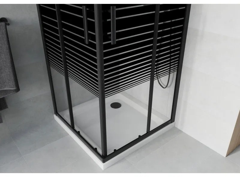 Mexen Rio, čtvercový sprchový kout 80(dveře)x80(dveře)x190 cm, 5mm čiré sklo-vzor pásky, černý profil + bílá sprchová vanička SLIM, 860-080-080-70-20-4010B