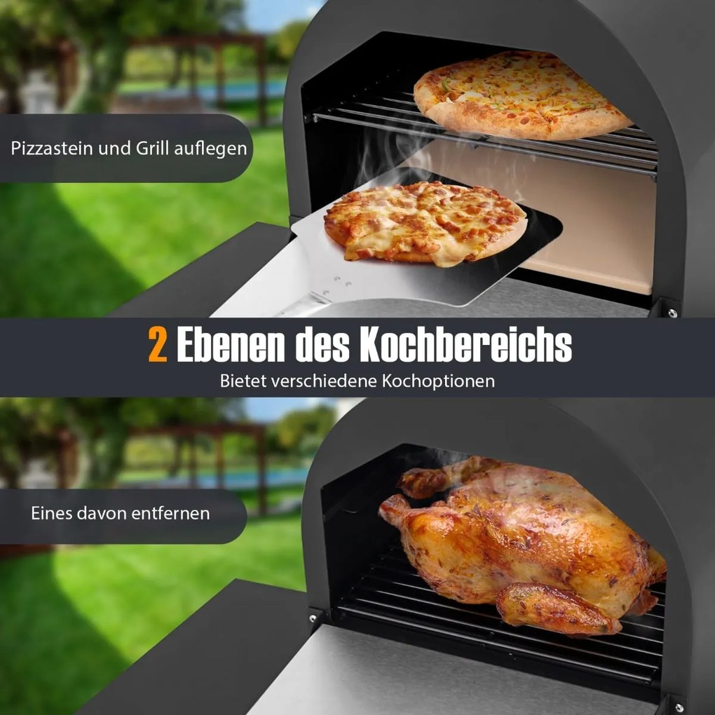 Costway Venkovní pizza pec s bočními policemi grilovací rošt vyrobený z nerezové