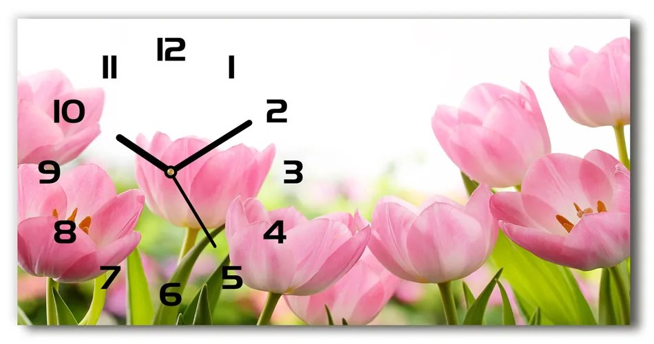 Wallmuralia Skleněné hodiny na stěnu Růžové tulipány 60x30 cm