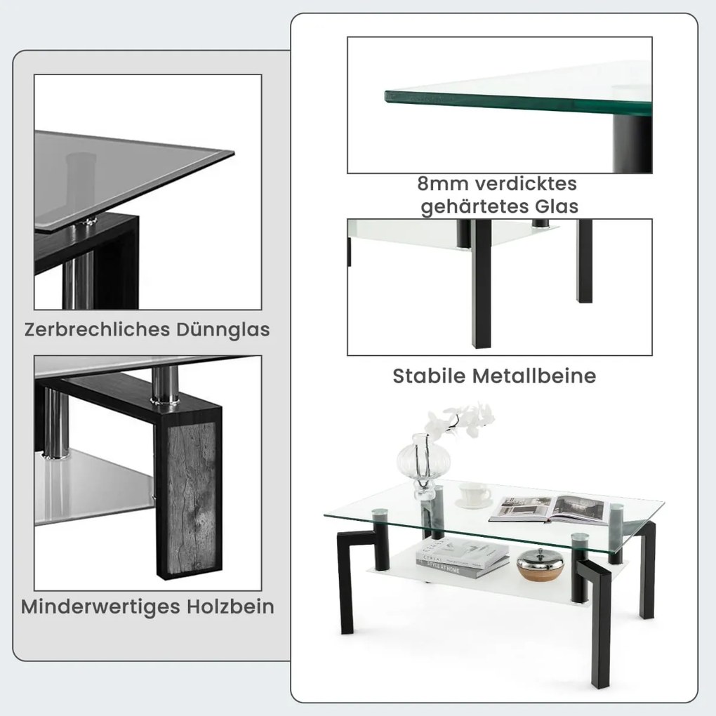 Costway Obdélníkový skleněný konferenční stolek 2-Tier