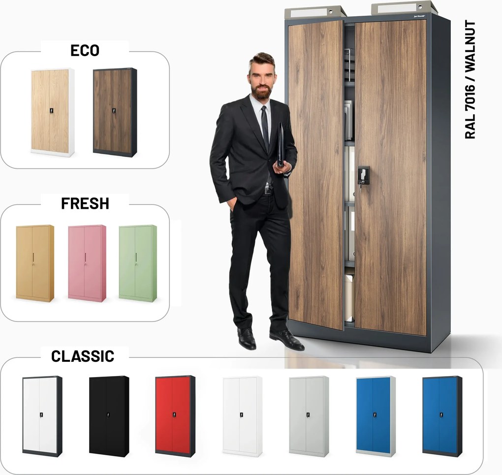 Vysoká kovová kancelářská skříň na dokumenty, antracit/ořech, 900x1950x400 mm: JAN H Eco Design