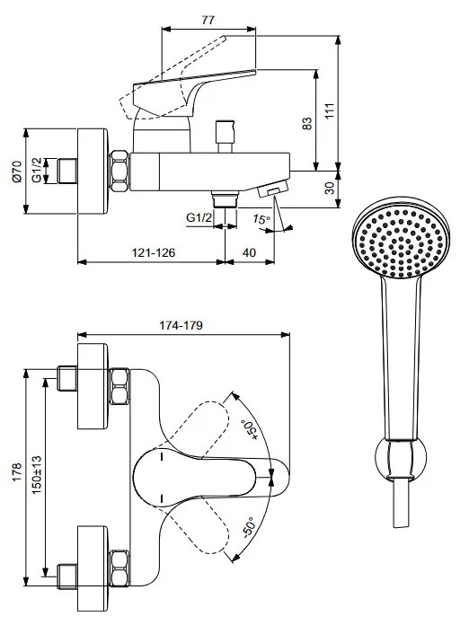 Ideal Standard Cerabase - Vanová baterie nástěnná se sprchovým setem, chrom BD600AA