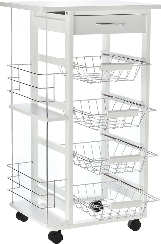 HOMCOM Kuchyňský vozík na kolečkách - Víceúčelový vozík se zásuvkou, 4 odnímatelné kovové košíky a boční regály, 47x37x83 cm, bílý | Aosom