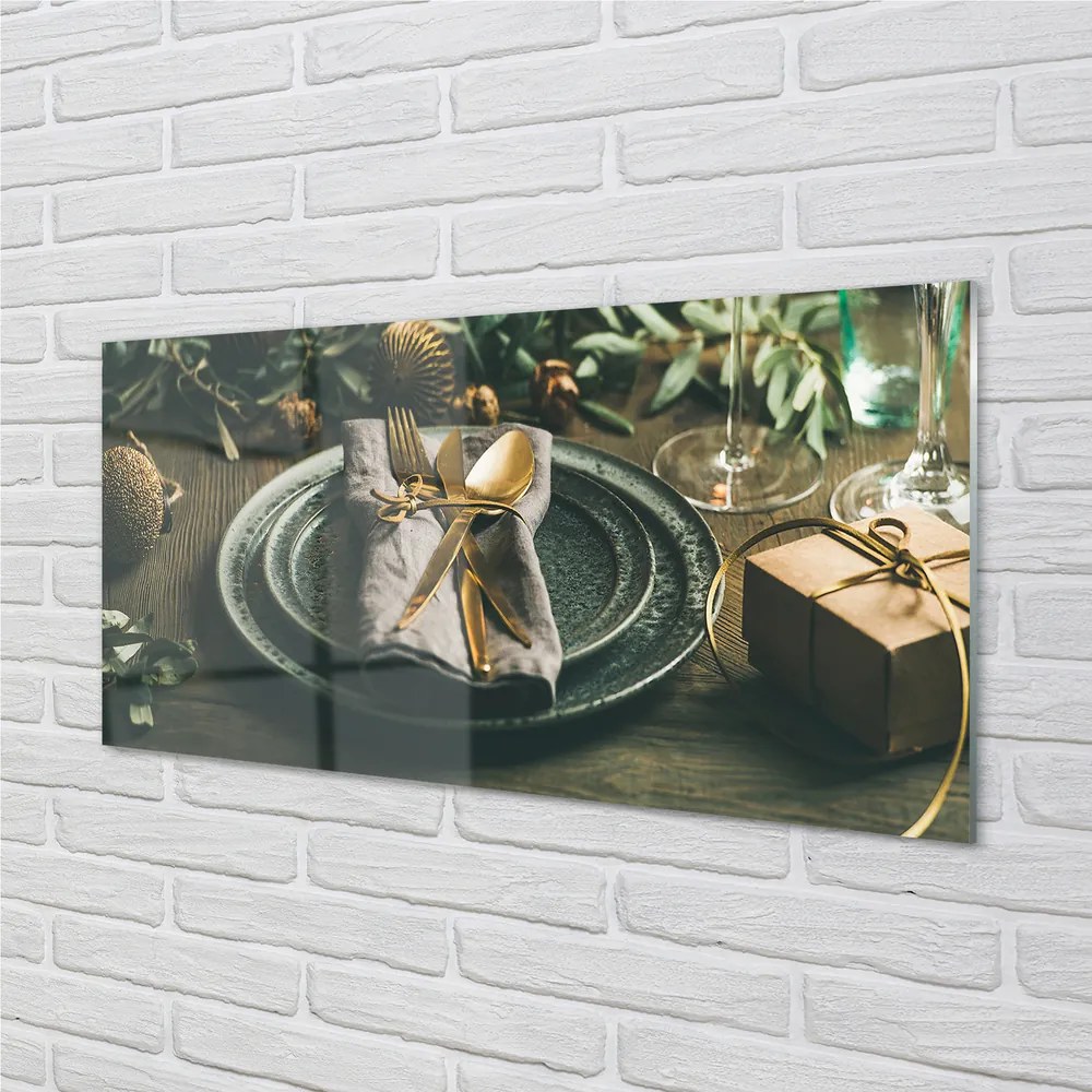 akrylový obraz Talíř příbory ozdoby dárky 140x70 cm