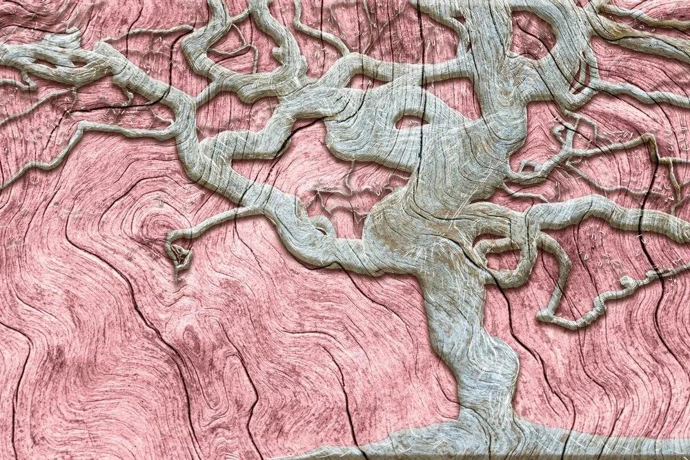 Tapeta abstraktní strom na dřevě s růžovým kontrastem - 225x150 cm
