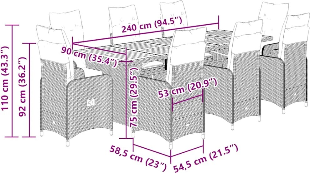 9dílný zahradní bistro set s poduškami černý polyratan 3277271