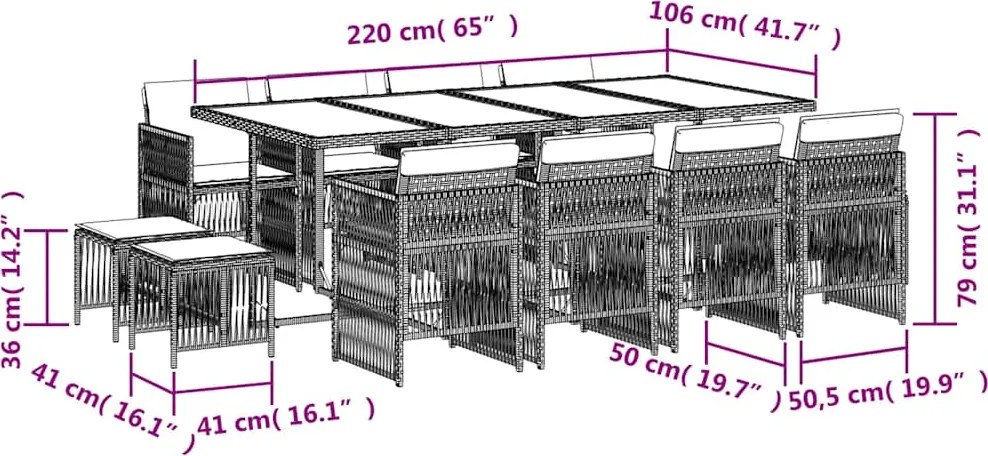 13dílný zahradní jídelní set s poduškami černý polyratan 3210978