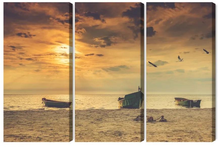 Vícedílný obraz Lodě Na Pláži Při Západu Slunce Nedostatek Nedostatek Přírodní plátno 180x120