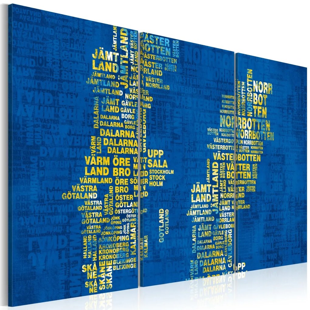 Obraz - Text map of Sweden (blue background) - triptych - 120x80