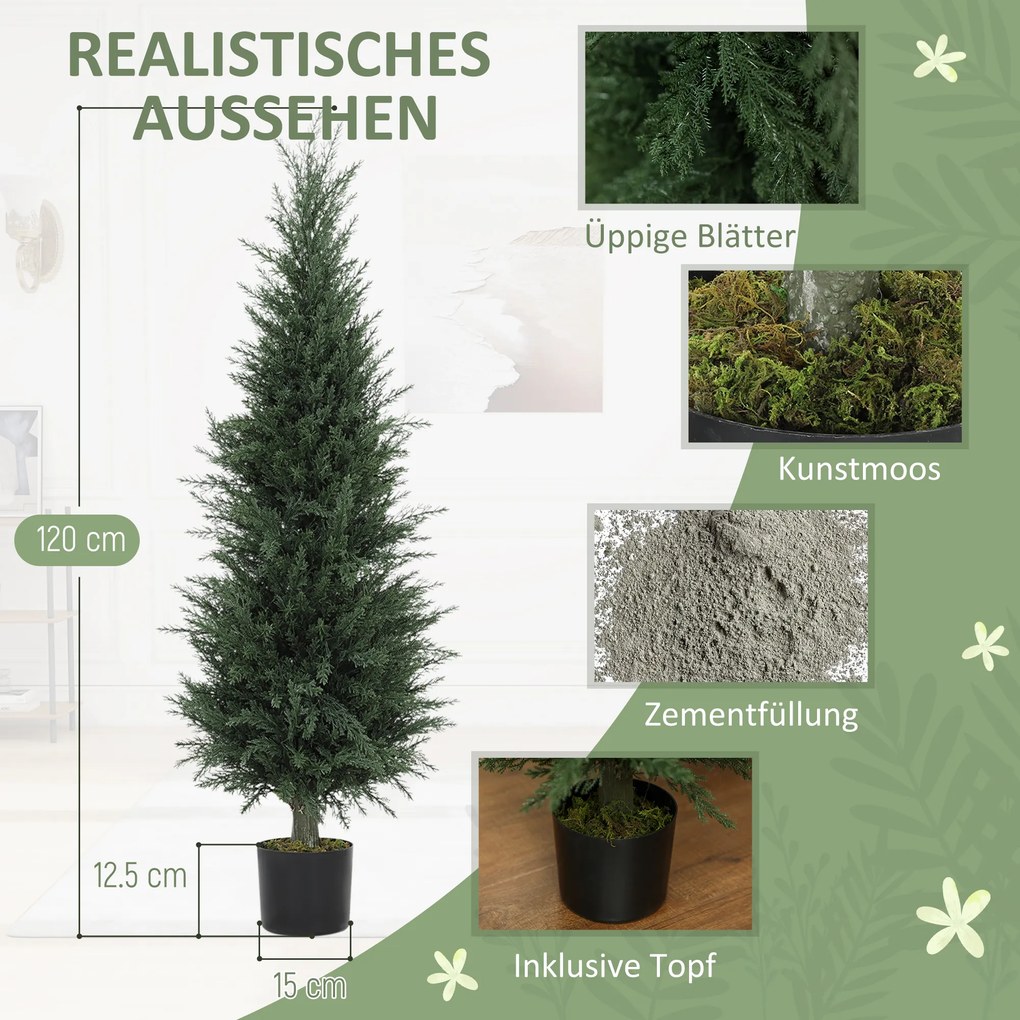 HOMCOM Velký Umělý Cypřiš 120 cm, Umělé Rostliny v Květináči, UV Odolný Umělý Cypřiš pro Dekoraci Obývacího pokoje, Ložnice, Kanceláře a Balkonu