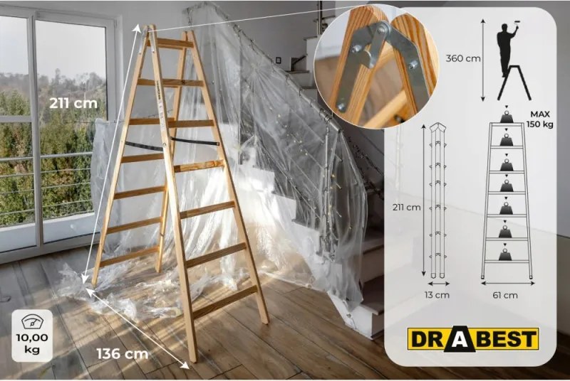 Dřevěné malířské štafle 2x7 stupňů oboustranné DRABEST DREW 2x7 PRO